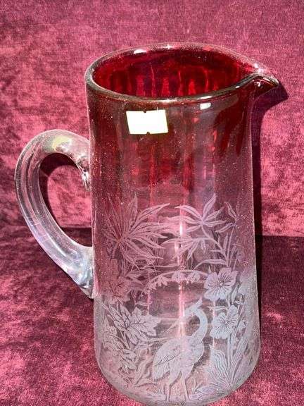 Cranberry and Clear Etched Pitcher - Metzger Property Services LLC