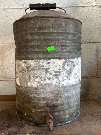 Galvanized container with spout, Top is dented , 16 inches tall ...