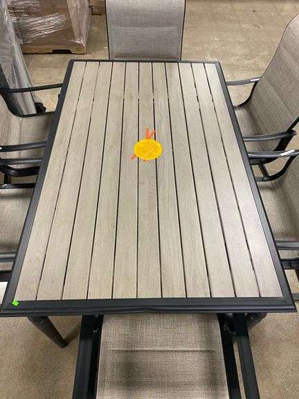 Outdoor Patio Table With 6 Chairs 64” x 30”, Tan and Black, Dented on ...