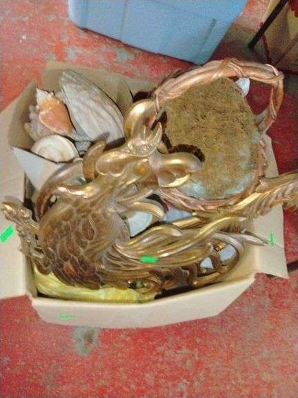 Sea shells, columbia dairy cottage cheese container, cigar box, basket ...