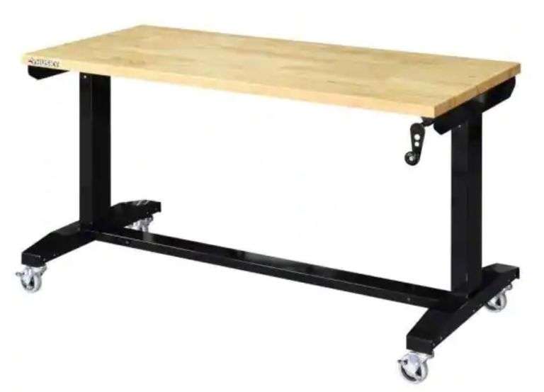 Husky 52 in. W x 24 in. D Adjustable Height Solid Wood Top Workbench ...