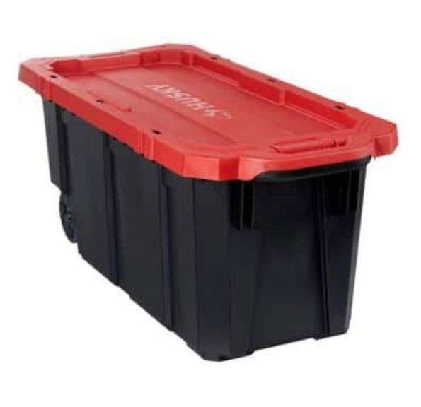 Husky 45 Gal. Latch and Stack Tote with Wheels in Black with Red Lid ...