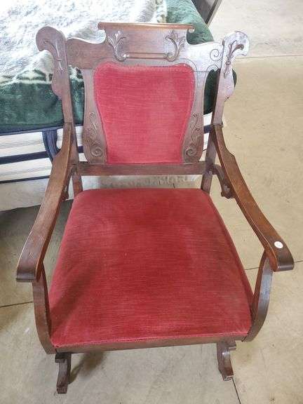 Antique Red Cloth Victorian Rocker. - Metzger Property Services LLC