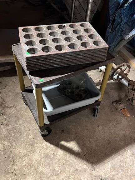 Roller Cart with (10) - 24 hole muffin tins, plastic run and (2) 6 ...