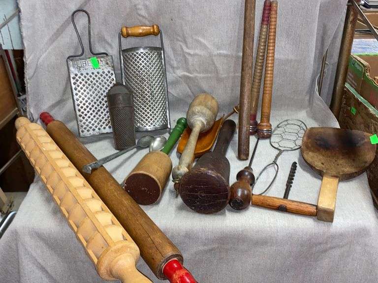 Kitchen utensils graders, food mashers, bread dough rolling pin ...