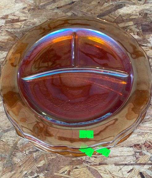 Iridescent orange carnival glass divided plates - Metzger Property ...