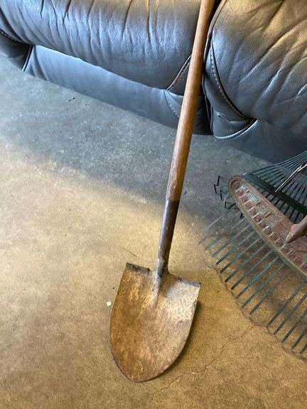 Yard tools rakes, shovel, ho, garden rake and broom plus fireplace ...