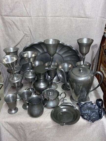 Pewter collection and ash tray +2 metal bunny trays with serving knives ...