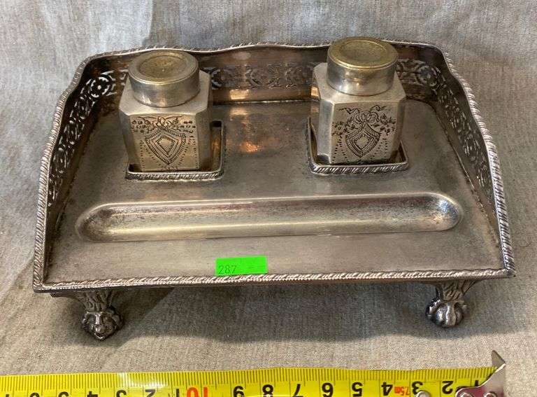 Antique vintage double inkwell inkstand with footed tray - Metzger ...