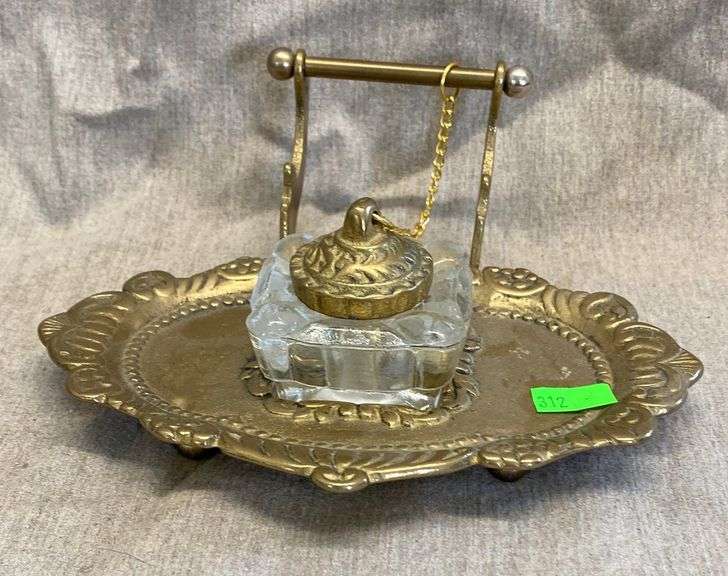 Metal inkwell stand and glass inkwell with lid - Metzger Property ...
