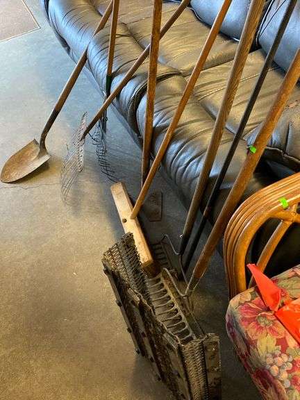 Yard tools rakes, shovel, ho, garden rake and broom plus fireplace ...