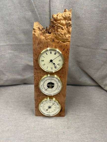 Natural wood barometer with clock and thermometer by Charles Elkin ...