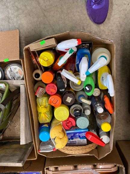 Box full of cleaning supplies, fabric softener sheets and other ...