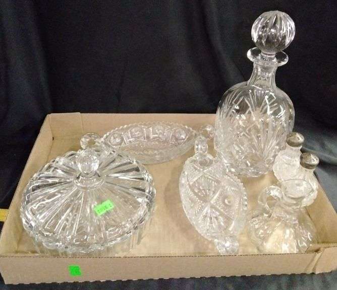 Glass decanter, salt and papper shakers, candy dish, cruet, dishes ...
