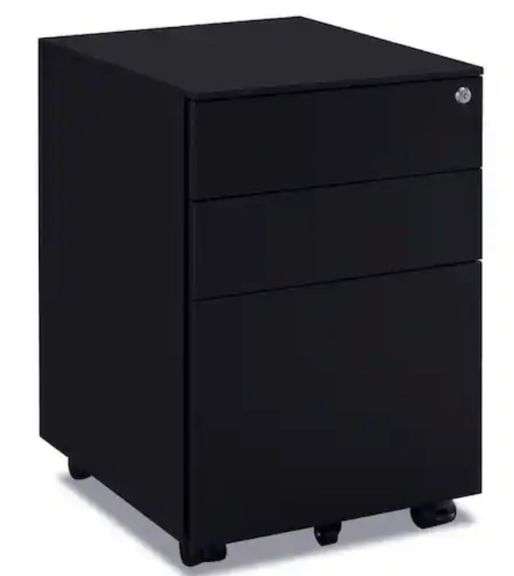 3-Drawer Mobile Black Metal Lateral Filing Cabinet with Lock Steel ...