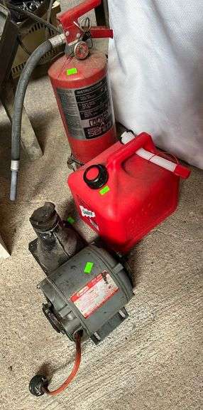 2 gallon gas can, car jack, 1/3hp Dayton electric motor, fire ...