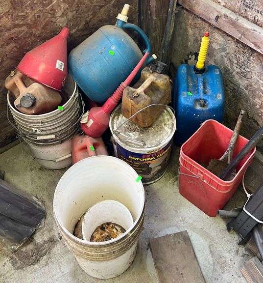 Fuel cans, 2- 5gallon, empty buckets, funnels, EZ flow patching cement ...