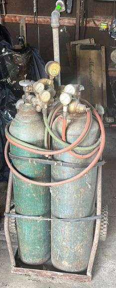 Oxygen and acetylene tanks 33in tall, with gauges and cart no head ...