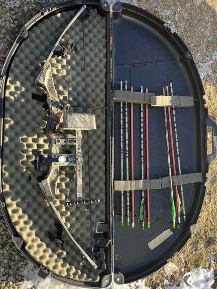 Plastic bow case with Darton Lightning Graphite compound bow and arrows ...