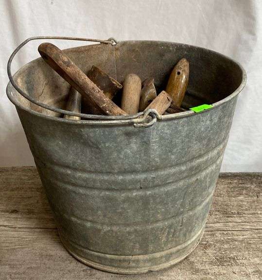 Galvanized Bucket 10” with Bail & contents including - Horns, Brush ...