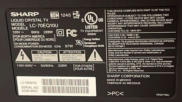 Sharp Quattron Aquos TV with remote 70” - Metzger Property Services LLC