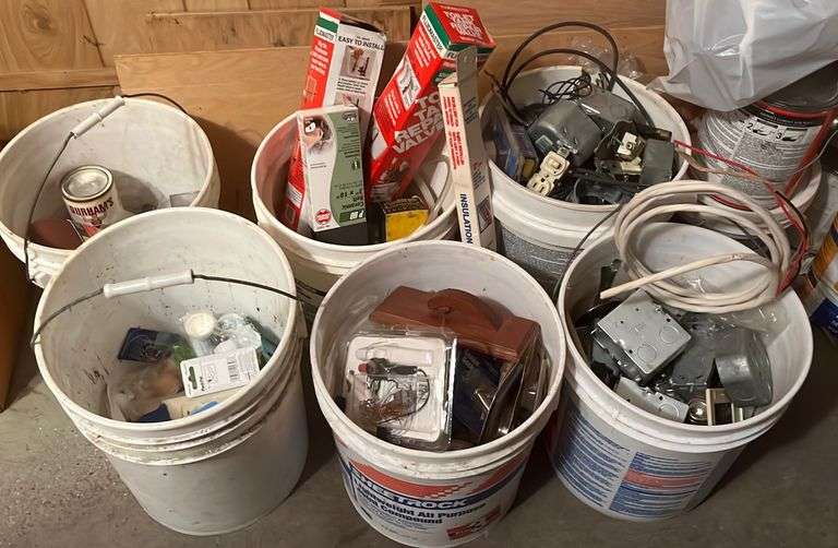 Six 5gallon buckets with hardware, copper fittings, electrical junction ...
