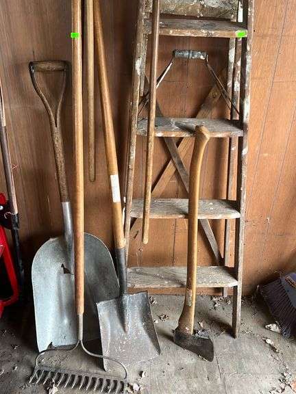 Wood stepladder 5ft, axe, rakes shovels - Metzger Property Services LLC