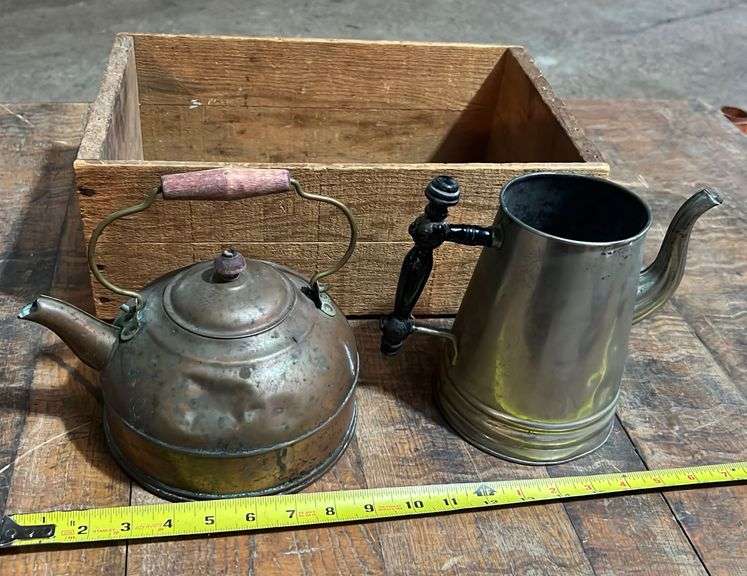 Copper tea kettle with lid has dent, coffee pot, no lid, Sunsweet wood ...