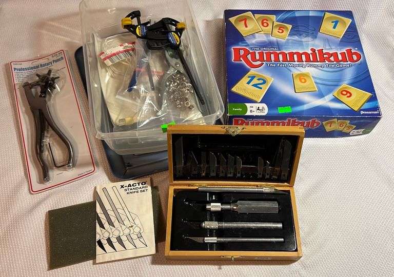 Rummikub game, X-acto knife set, Small clamps, Hole punch - Metzger ...