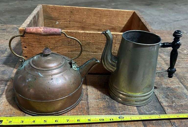 Copper tea kettle with lid has dent, coffee pot, no lid, Sunsweet wood ...