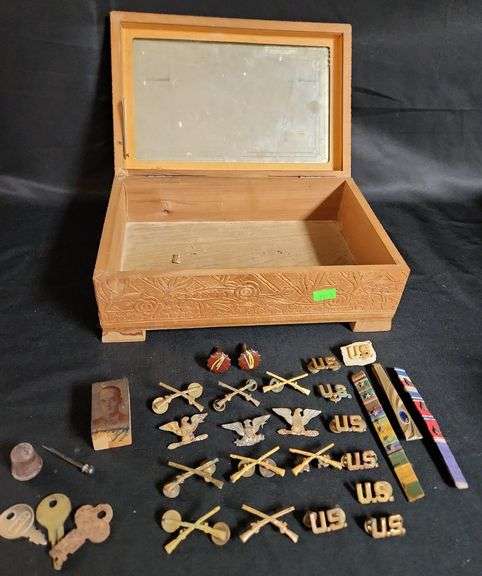Military pins, keys and stamp block in jewelry box 10" x 7" - Metzger ...