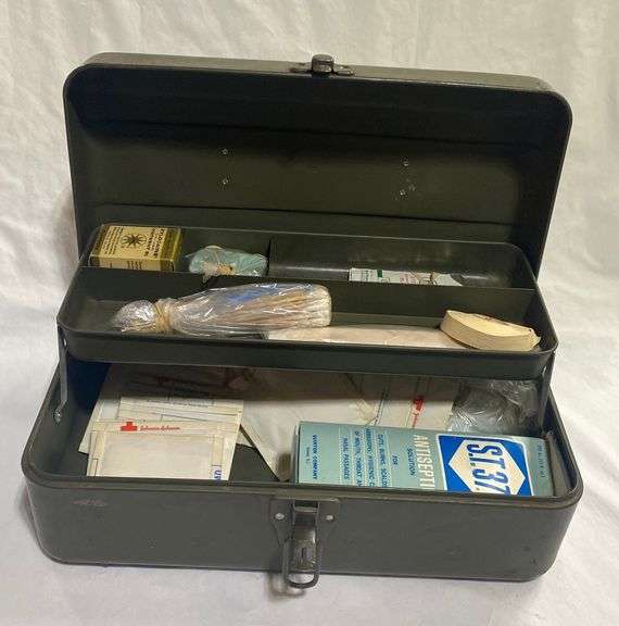 Metal box w/ bandages, antiseptic solution, sterile stainless steel ...
