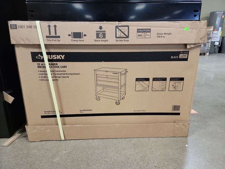 Husky 33 in. W 4-Drawer Mechanics Tool Utility Cart in Gloss Black, Has ...