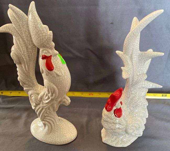 Porcelain rooster and chicken figurines with crazing design - Metzger ...
