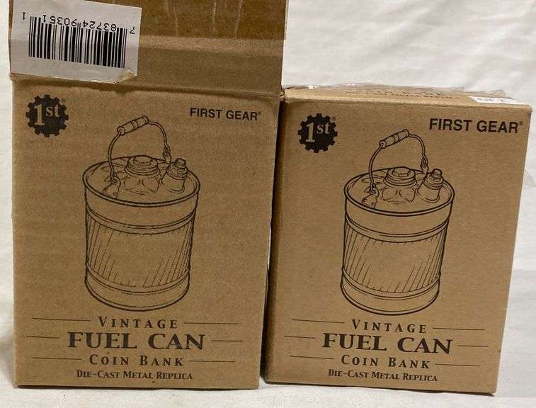 2-Vintage fuel can coin bank die cast metal replica - Metzger Property ...