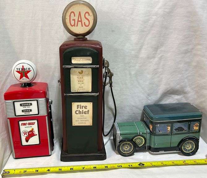 Fuel Pump Coin Banks including - Texaco & Fire Chief 9.5”x24” & Keller ...