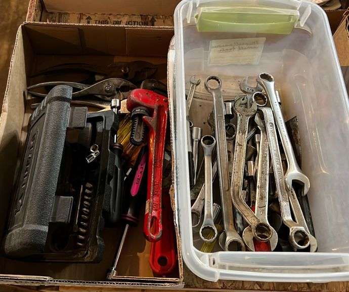 Stanley case w/sockets, wrenches, pipe wrench, screwdrivers, pliers ...