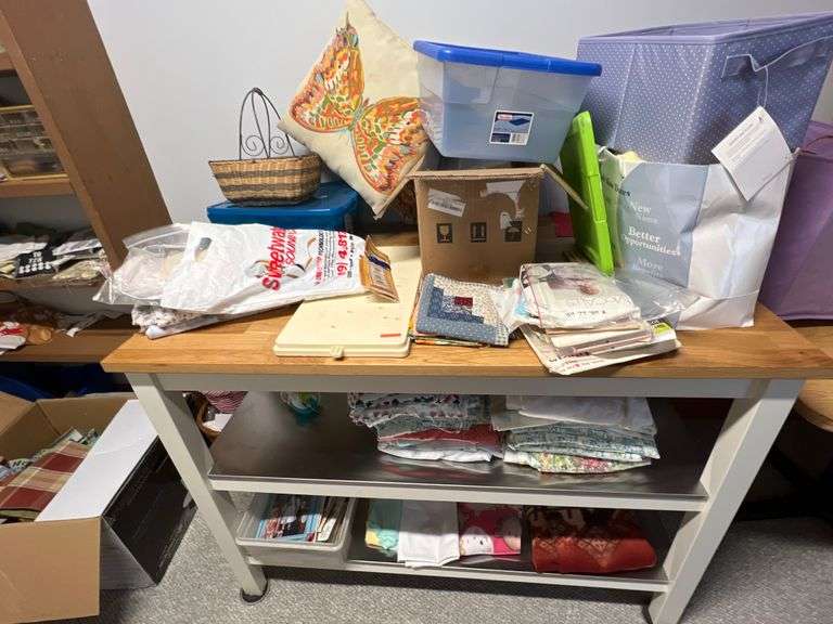 Contents on utility cart, Sewing materials. - Metzger Property Services LLC
