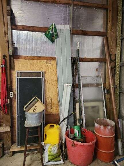 Contents of Wall as shown in pictures, galvanized bucket, stool ...