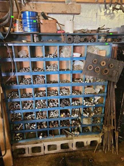 Wood bolt bin 48x48x6 with hardware contents, electric fence stakes ...