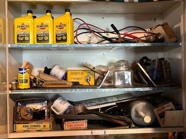 Contents of cabinets and wall as shown in pictures, Pennzoil oil ...