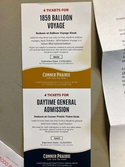 Conner Prairie: 4 Daytime Admission Tickets and 4 Balloon Voyage ...