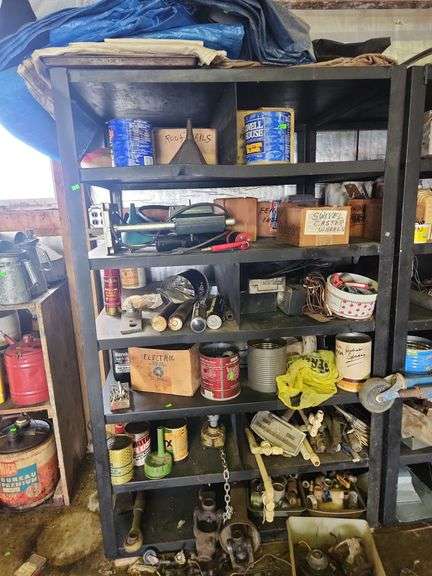 Metal storage shelf 43x68x36 with contents including tarps, hardware ...