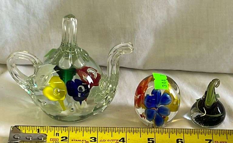 Teapot Paperweight 4” Tall • Hershey Kiss Paperweight 15” Tall • Flower Glass Art Paperweight 1