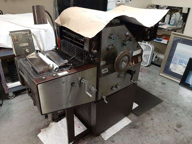 ABDick 9850 2 color press with T-head and Powdair 3 powdering unit ...