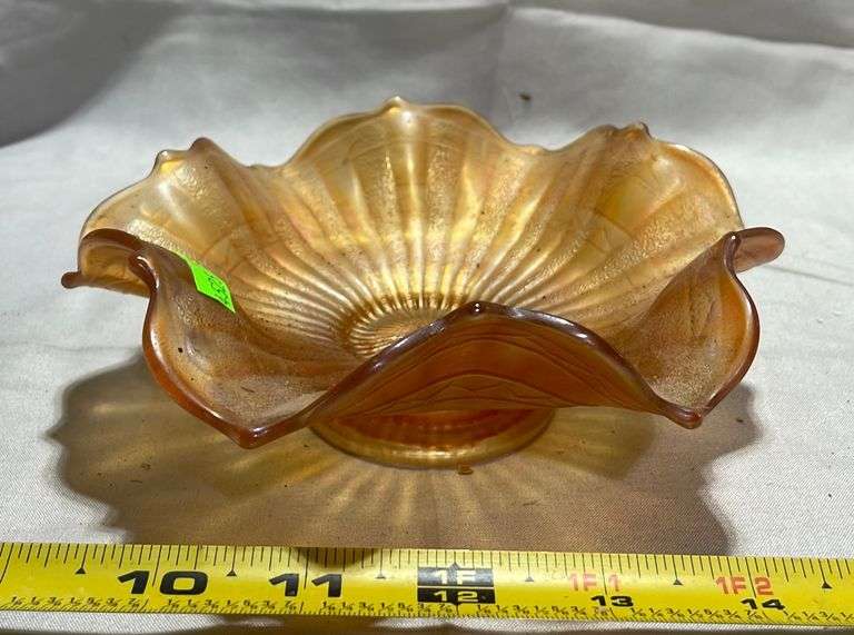 Orange Iridescent Depression Glass Bowl Ribbed w/ Fluted Edge 7 ...