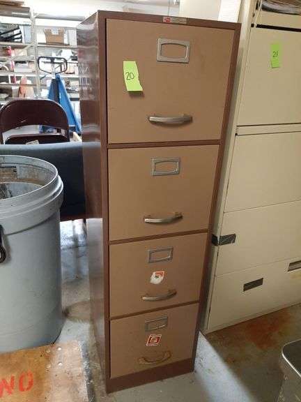 Brown metal filing cabinet and contents- 15x18x52 in shows wear and ...