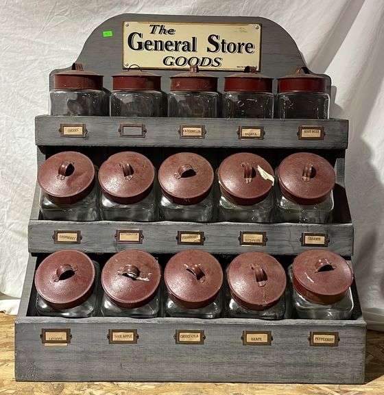 The General Store Goods wooden canister display with canisters & lids ...