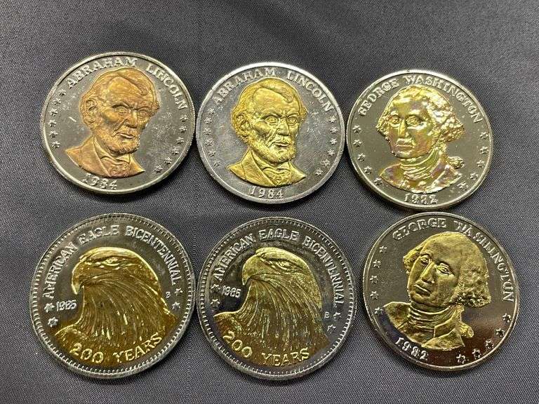 6 Anniversary Coins; George Washington, Abraham Lincoln, American Eagle ...