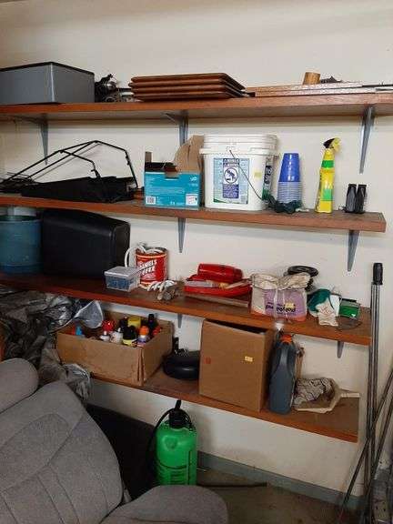 Contents of shelf- Pest Control items, cleaning supplies, weights ...